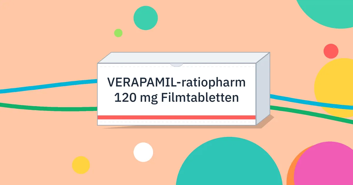 Symbolbild: Packung mit der Aufschrift VERAPAMIL-ratiopharm 120 mg Filmtabletten (PZN 03043435) – Verfügbarkeit und Bezug in Apotheken in Frankfurt am Main