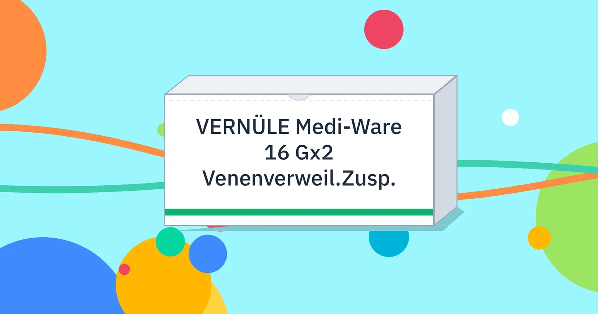 Symbolbild: Packung mit der Aufschrift VERNÜLE Medi-Ware 16 Gx2 Venenverweil.Zusp. (PZN 04303513) – Verfügbarkeit und Bezug in Apotheken in Frankfurt am Main
