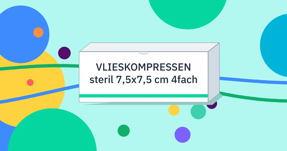 Symbolbild: Packung mit der Aufschrift VLIESKOMPRESSEN steril 7,5x7,5 cm 4fach (PZN 18020842) – Verfügbarkeit und Bezug in Apotheken in Frankfurt am Main