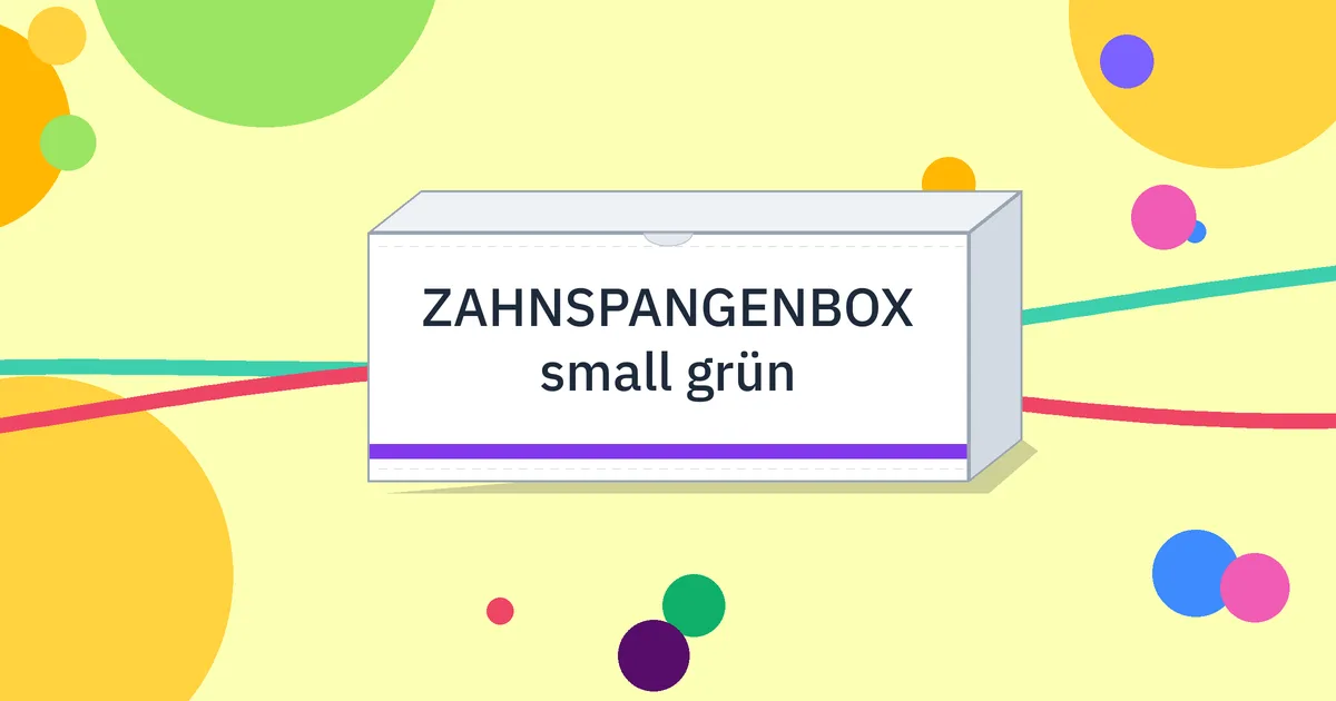 Symbolbild: Packung mit der Aufschrift ZAHNSPANGENBOX small grün (PZN 10988337) – Verfügbarkeit und Bezug in Apotheken in Frankfurt am Main