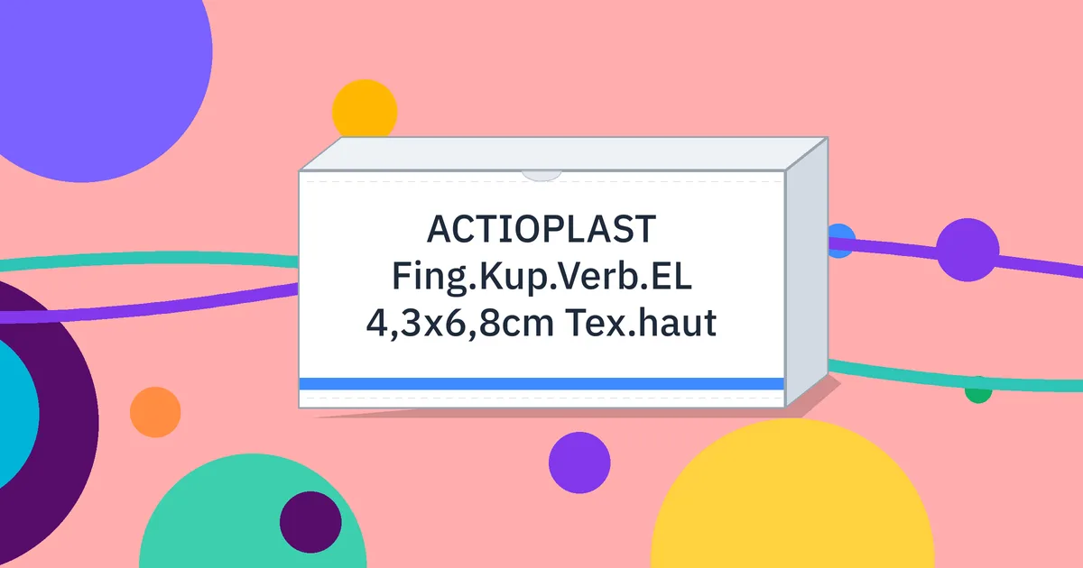 Symbolbild: Packung mit der Aufschrift ACTIOPLAST Fing.Kup.Verb.EL 4,3x6,8cm Tex.haut (PZN 05905013) – Verfügbarkeit und Bezug in Apotheken in Frankfurt am Main