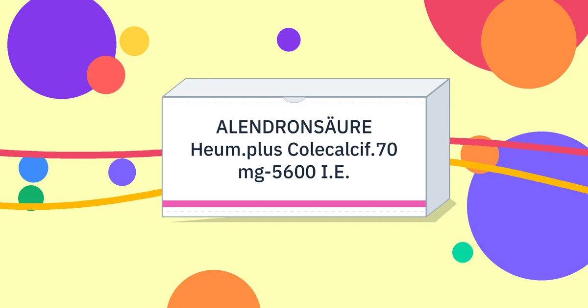 Symbolbild: Packung mit der Aufschrift ALENDRONSÄURE Heum.plus Colecalcif.70 mg-5600 I.E. (PZN 11580503) – Verfügbarkeit und Bezug in Apotheken in Frankfurt am Main