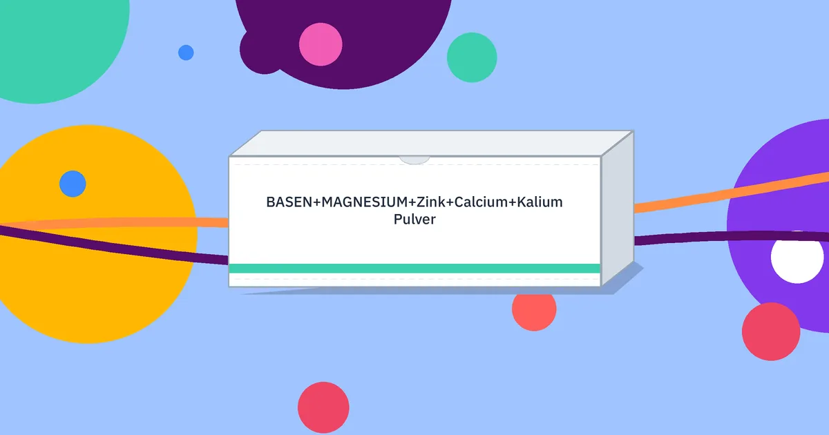 Symbolbild: Packung mit der Aufschrift BASEN+MAGNESIUM+Zink+Calcium+Kalium Pulver (PZN 17274635) – Verfügbarkeit und Bezug in Apotheken in Frankfurt am Main