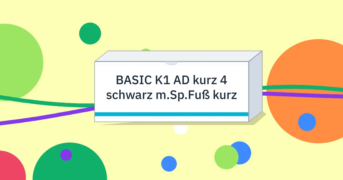 Symbolbild: Packung mit der Aufschrift BASIC K1 AD kurz 4 schwarz m.Sp.Fuß kurz (PZN 20258203) – Verfügbarkeit und Bezug in Apotheken in Frankfurt am Main