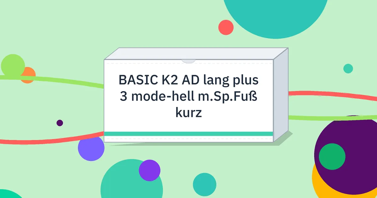 Symbolbild: Packung mit der Aufschrift BASIC K2 AD lang plus 3 mode-hell m.Sp.Fuß kurz (PZN 20264497) – Verfügbarkeit und Bezug in Apotheken in Frankfurt am Main