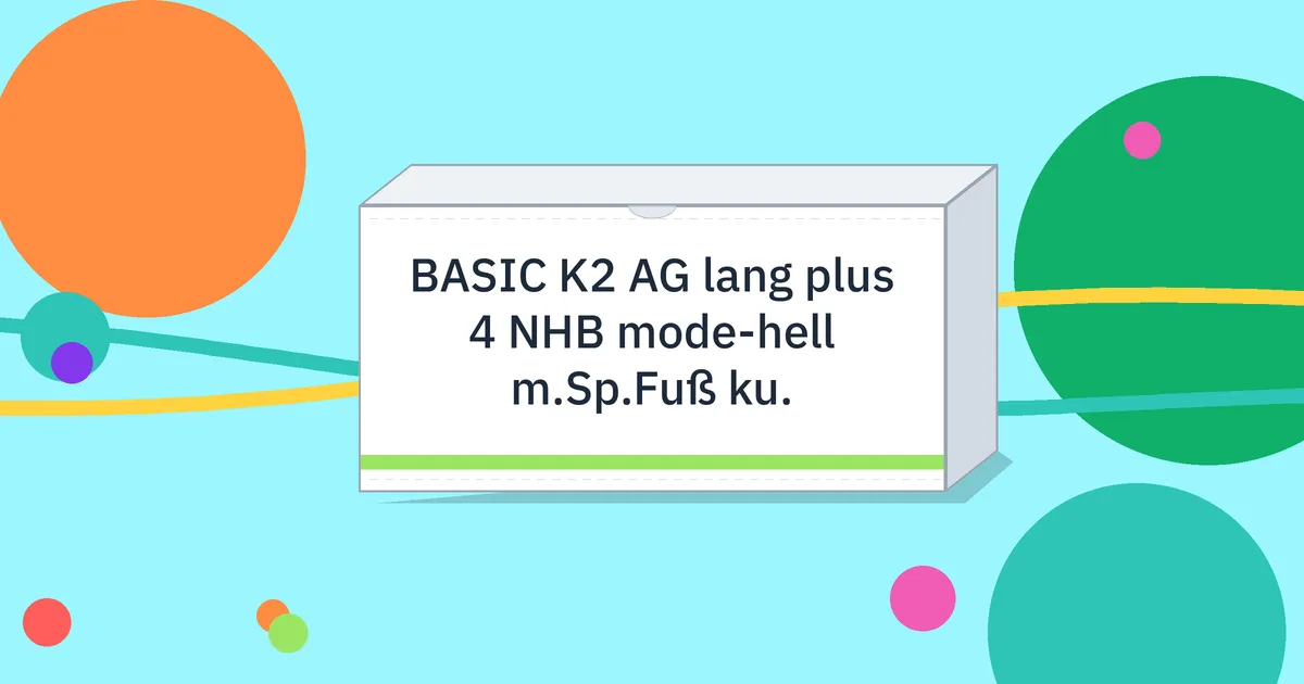 Symbolbild: Packung mit der Aufschrift BASIC K2 AG lang plus 4 NHB mode-hell m.Sp.Fuß ku. (PZN 20267604) – Verfügbarkeit und Bezug in Apotheken in Frankfurt am Main