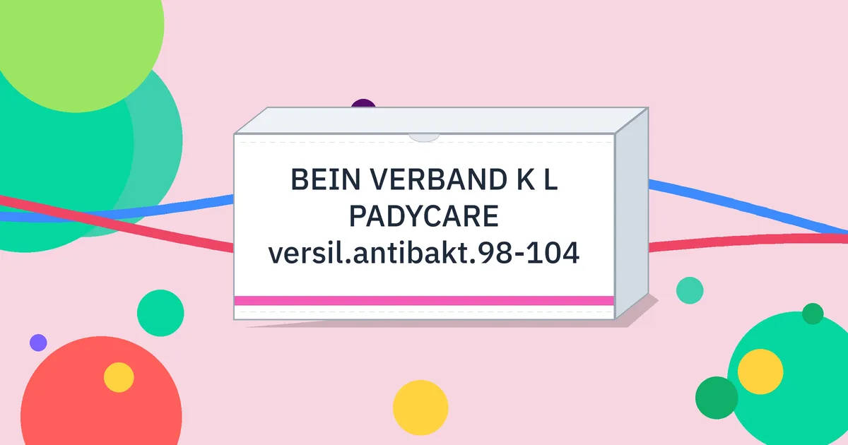 Symbolbild: Packung mit der Aufschrift BEIN VERBAND K L PADYCARE versil.antibakt.98-104 (PZN 10938670) – Verfügbarkeit und Bezug in Apotheken in Frankfurt am Main