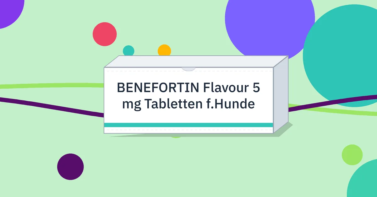 Symbolbild: Packung mit der Aufschrift BENEFORTIN Flavour 5 mg Tabletten f.Hunde (PZN 09631854) – Verfügbarkeit und Bezug in Apotheken in Frankfurt am Main