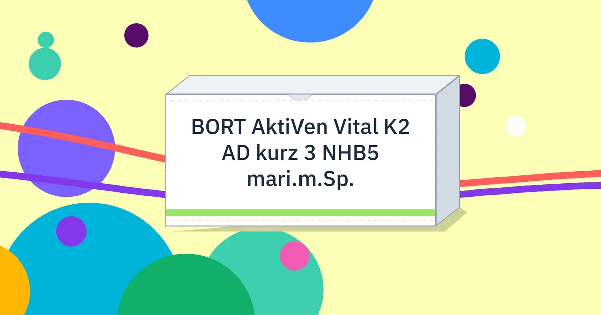Symbolbild: Packung mit der Aufschrift BORT AktiVen Vital K2 AD kurz 3 NHB5 mari.m.Sp. (PZN 17494727) – Verfügbarkeit und Bezug in Apotheken in Frankfurt am Main