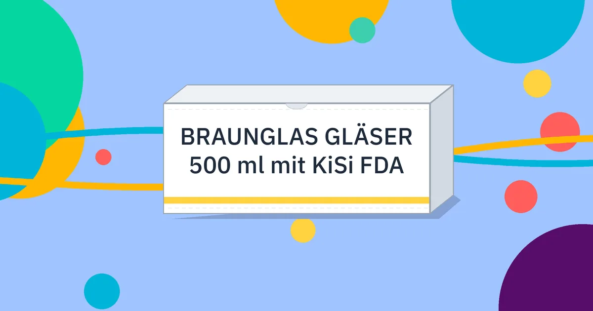 Symbolbild: Packung mit der Aufschrift BRAUNGLAS GLÄSER 500 ml mit KiSi FDA (PZN 18364719) – Verfügbarkeit und Bezug in Apotheken in Frankfurt am Main