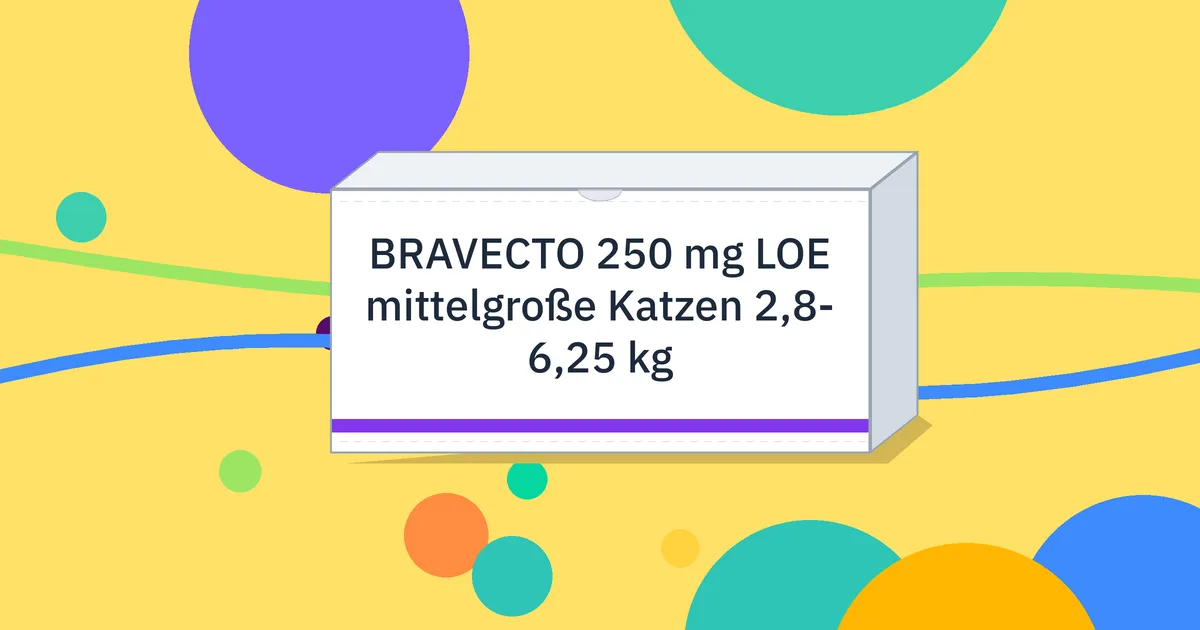 Symbolbild: Packung mit der Aufschrift BRAVECTO 250 mg LOE mittelgroße Katzen 2,8-6,25 kg (PZN 12395222) – Verfügbarkeit und Bezug in Apotheken in Frankfurt am Main