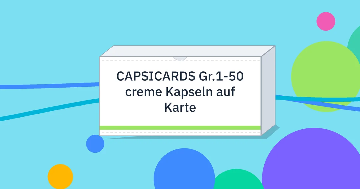 Symbolbild: Packung mit der Aufschrift CAPSICARDS Gr.1-50 creme Kapseln auf Karte (PZN 10999938) – Verfügbarkeit und Bezug in Apotheken in Frankfurt am Main