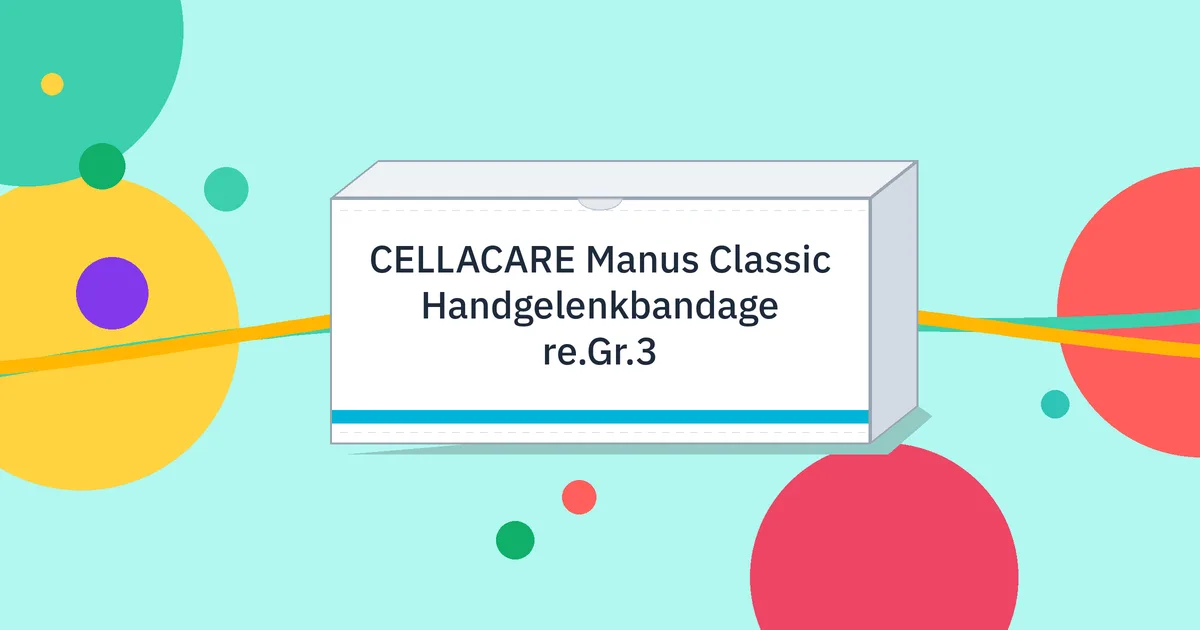 Symbolbild: Packung mit der Aufschrift CELLACARE Manus Classic Handgelenkbandage re.Gr.3 (PZN 19772478) – Verfügbarkeit und Bezug in Apotheken in Frankfurt am Main