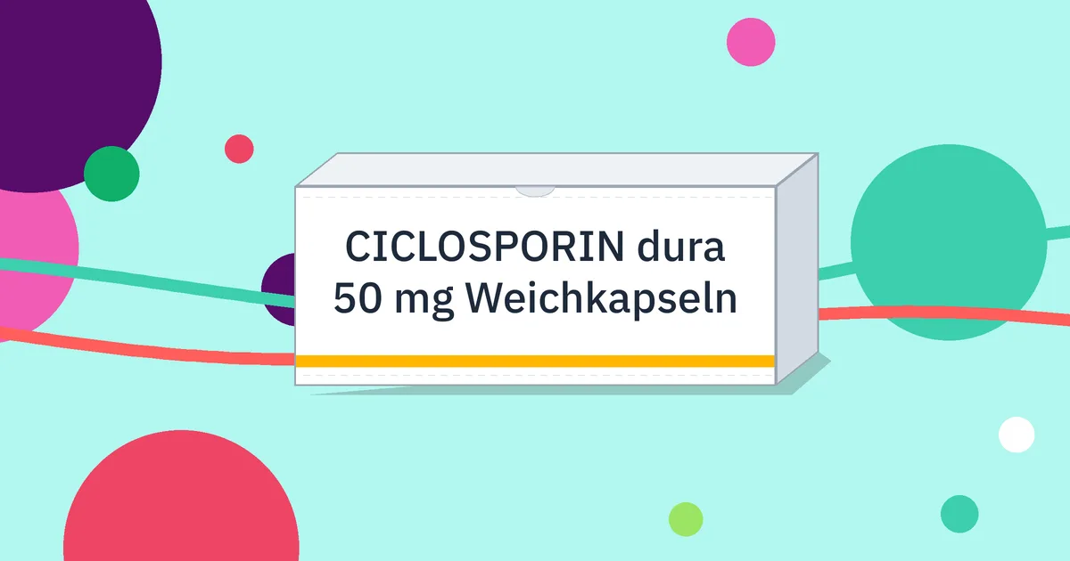 Symbolbild: Packung mit der Aufschrift CICLOSPORIN dura 50 mg Weichkapseln (PZN 06064521) – Verfügbarkeit und Bezug in Apotheken in Frankfurt am Main