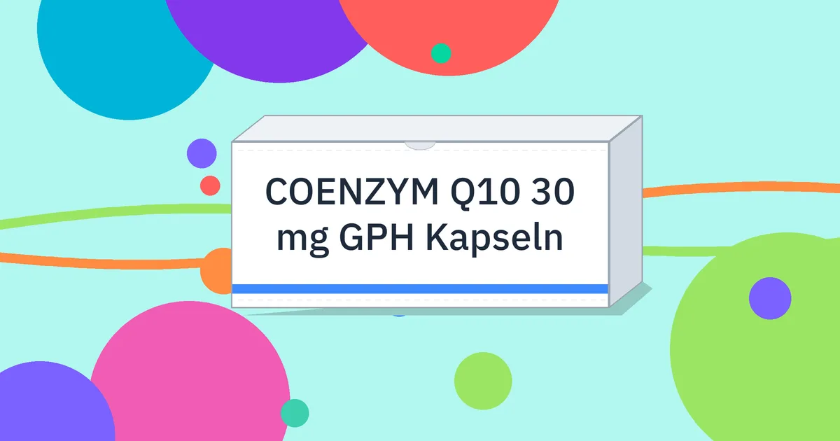 Symbolbild: Packung mit der Aufschrift COENZYM Q10 30 mg GPH Kapseln (PZN 01551185) – Verfügbarkeit und Bezug in Apotheken in Frankfurt am Main