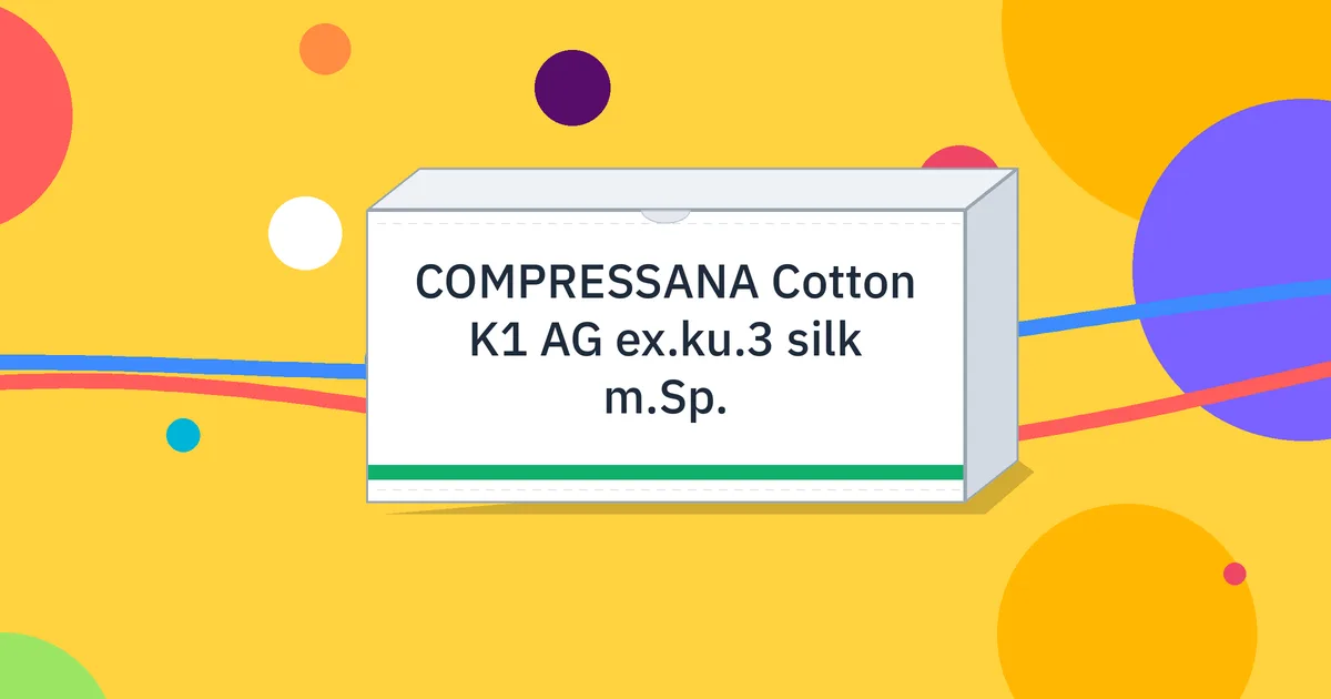 Symbolbild: Packung mit der Aufschrift COMPRESSANA Cotton K1 AG ex.ku.3 silk m.Sp. (PZN 11395148) – Verfügbarkeit und Bezug in Apotheken in Frankfurt am Main