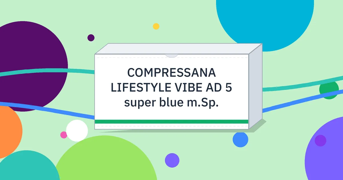 Symbolbild: Packung mit der Aufschrift COMPRESSANA LIFESTYLE VIBE AD 5 super blue m.Sp. (PZN 19151807) – Verfügbarkeit und Bezug in Apotheken in Frankfurt am Main