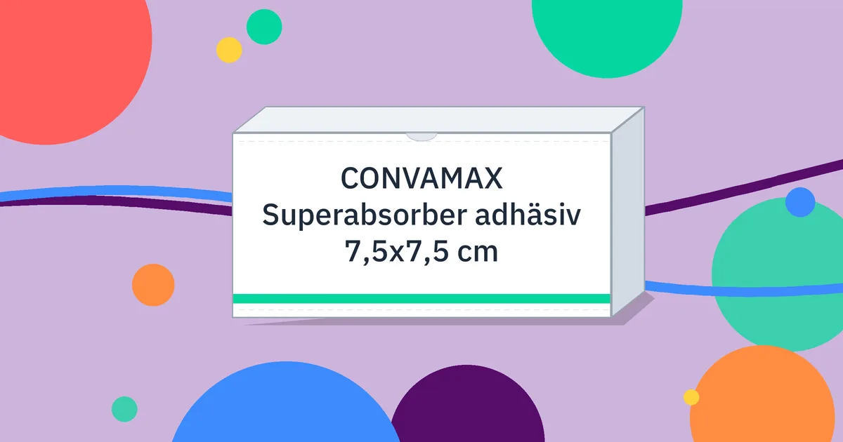 Symbolbild: Packung mit der Aufschrift CONVAMAX Superabsorber adhäsiv 7,5x7,5 cm (PZN 18913379) – Verfügbarkeit und Bezug in Apotheken in Frankfurt am Main