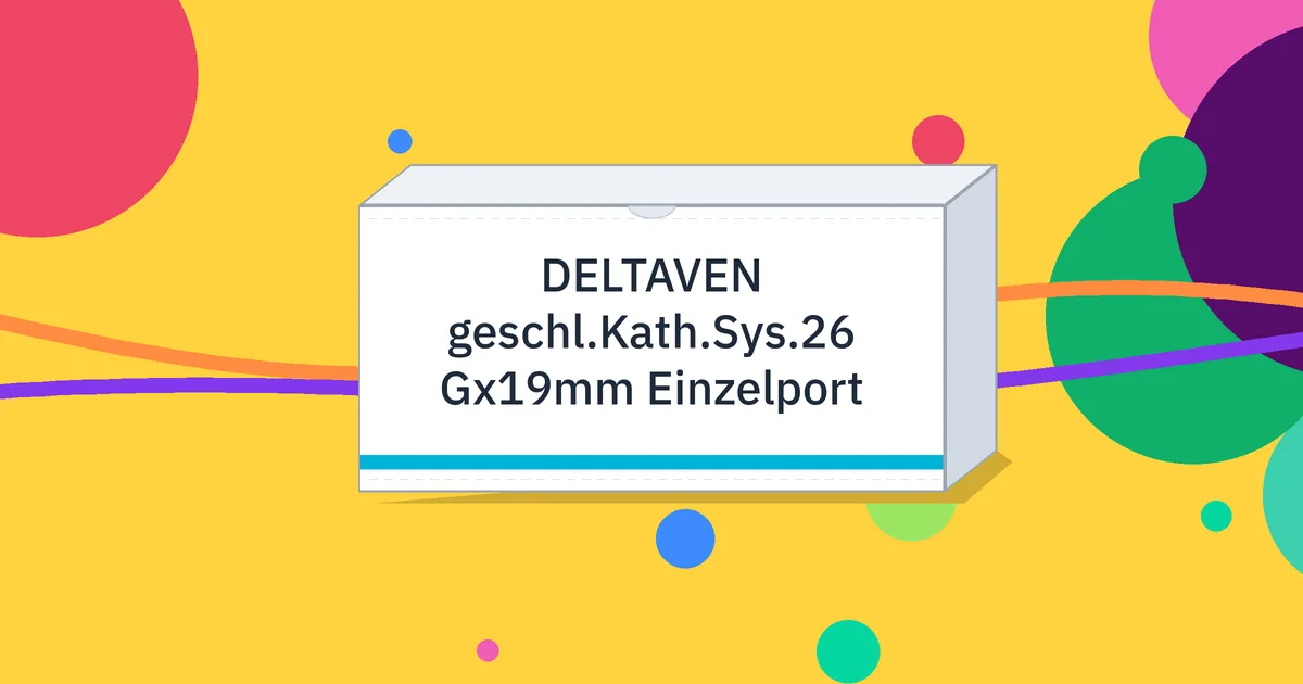 Symbolbild: Packung mit der Aufschrift DELTAVEN geschl.Kath.Sys.26 Gx19mm Einzelport (PZN 13976872) – Verfügbarkeit und Bezug in Apotheken in Frankfurt am Main
