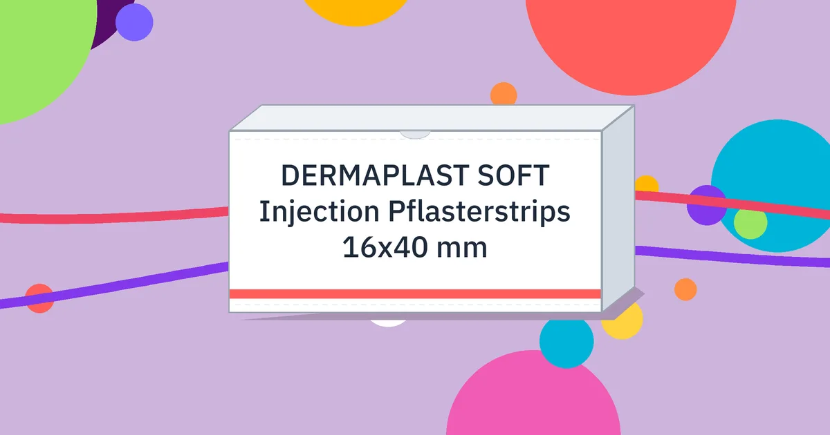 Symbolbild: Packung mit der Aufschrift DERMAPLAST SOFT Injection Pflasterstrips 16x40 mm (PZN 16600110) – Verfügbarkeit und Bezug in Apotheken in Frankfurt am Main