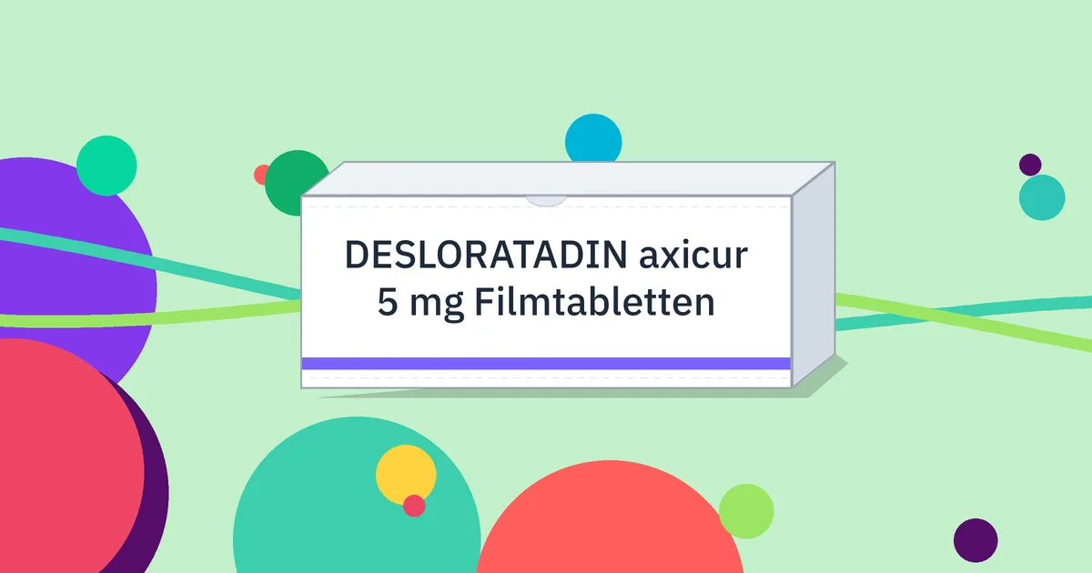 Symbolbild: Packung mit der Aufschrift DESLORATADIN axicur 5 mg Filmtabletten (PZN 20300997) – Verfügbarkeit und Bezug in Apotheken in Frankfurt am Main