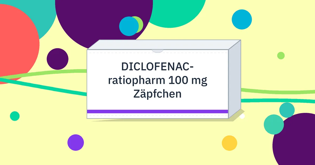 Symbolbild: Packung mit der Aufschrift DICLOFENAC-ratiopharm 100 mg Zäpfchen (PZN 05518629) – Verfügbarkeit und Bezug in Apotheken in Frankfurt am Main
