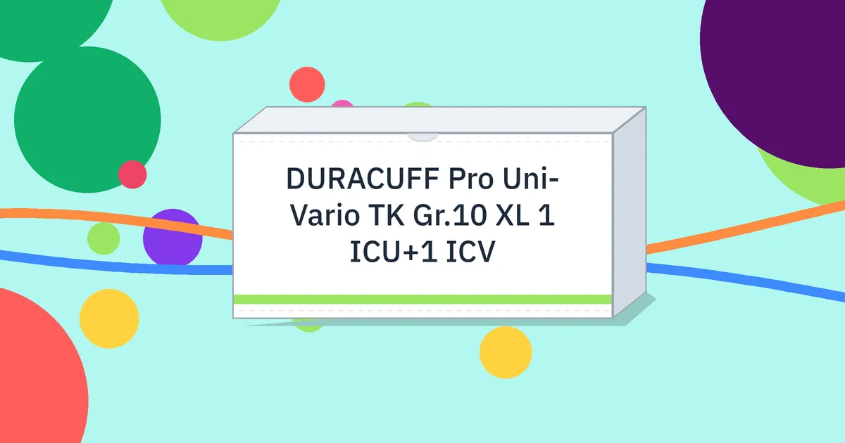 Symbolbild: Packung mit der Aufschrift DURACUFF Pro Uni-Vario TK Gr.10 XL 1 ICU+1 ICV (PZN 19245632) – Verfügbarkeit und Bezug in Apotheken in Frankfurt am Main