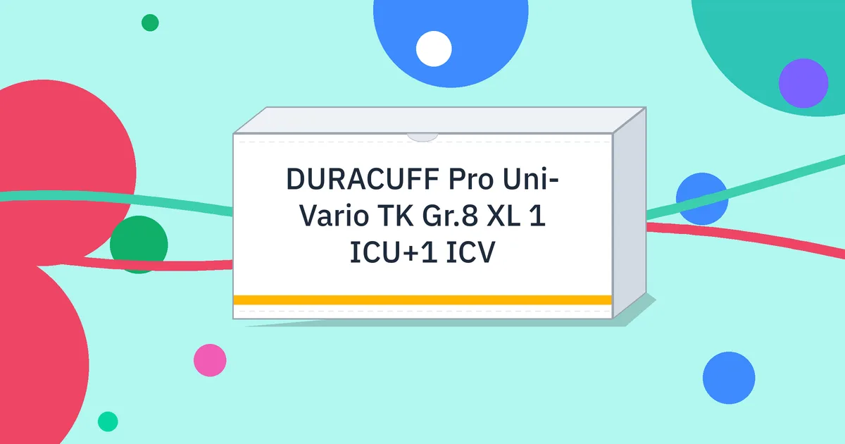 Symbolbild: Packung mit der Aufschrift DURACUFF Pro Uni-Vario TK Gr.8 XL 1 ICU+1 ICV (PZN 19245603) – Verfügbarkeit und Bezug in Apotheken in Frankfurt am Main