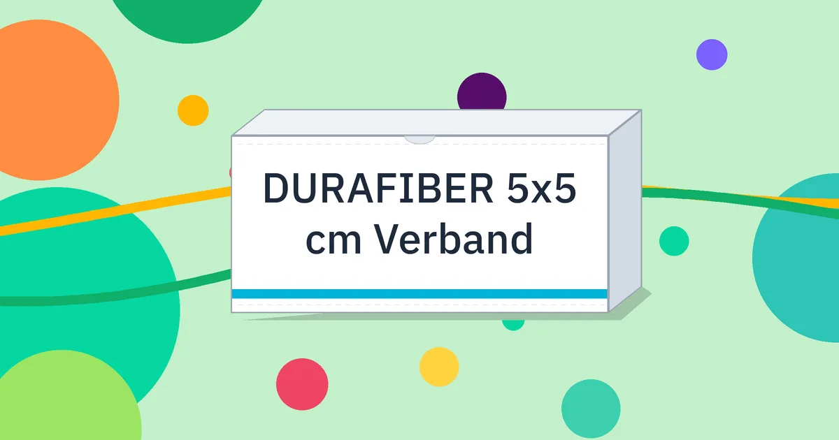 Symbolbild: Packung mit der Aufschrift DURAFIBER 5x5 cm Verband (PZN 10284145) – Verfügbarkeit und Bezug in Apotheken in Frankfurt am Main
