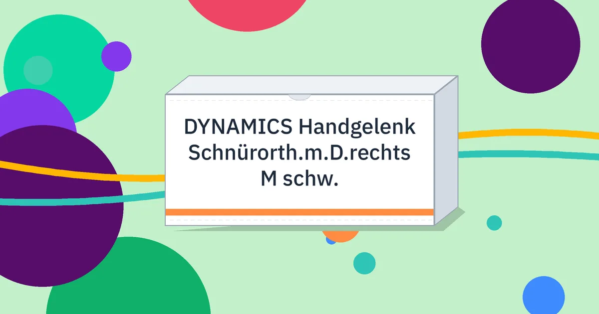 Symbolbild: Packung mit der Aufschrift DYNAMICS Handgelenk Schnürorth.m.D.rechts M schw. (PZN 10632853) – Verfügbarkeit und Bezug in Apotheken in Frankfurt am Main