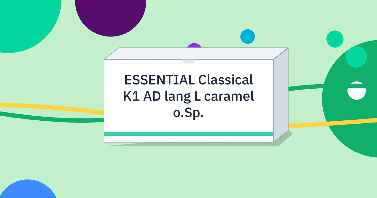 Symbolbild: Packung mit der Aufschrift ESSENTIAL Classical K1 AD lang L caramel o.Sp. (PZN 17009092) – Verfügbarkeit und Bezug in Apotheken in Frankfurt am Main