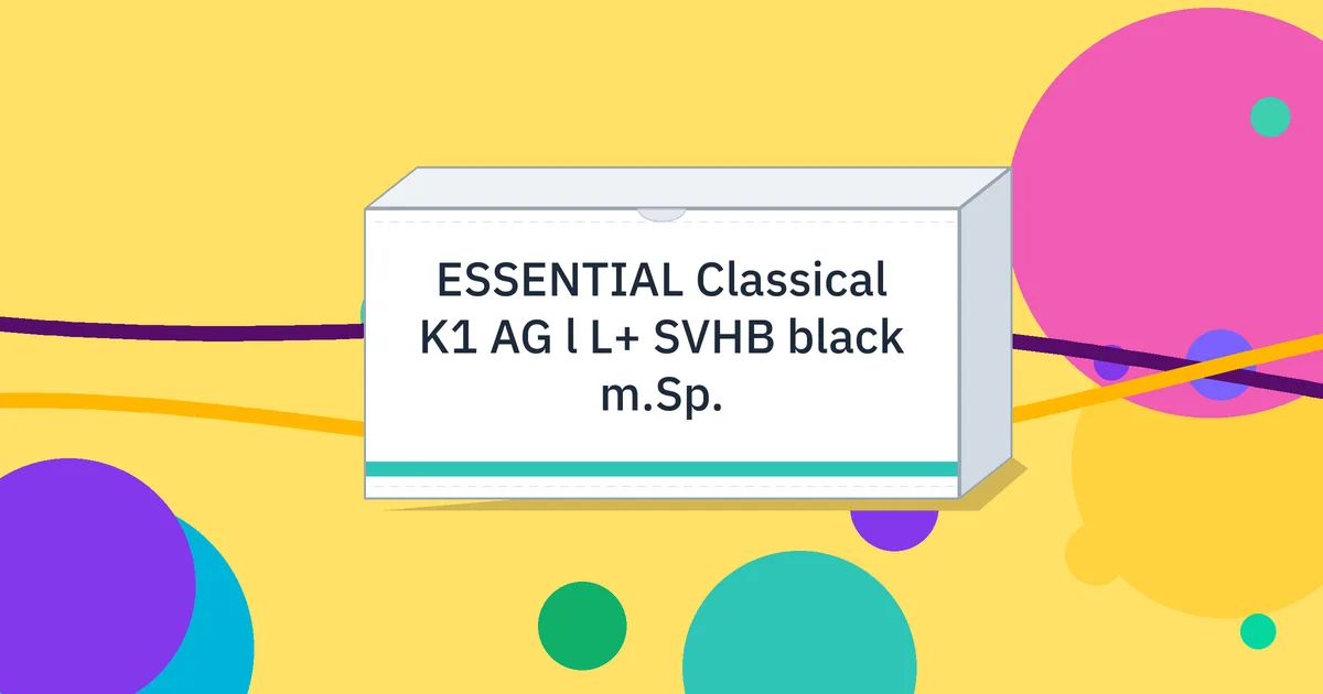 Symbolbild: Packung mit der Aufschrift ESSENTIAL Classical K1 AG l L+ SVHB black m.Sp. (PZN 18421191) – Verfügbarkeit und Bezug in Apotheken in Frankfurt am Main