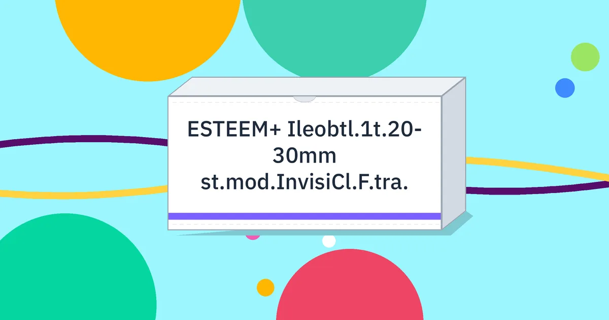 Symbolbild: Packung mit der Aufschrift ESTEEM+ Ileobtl.1t.20-30mm st.mod.InvisiCl.F.tra. (PZN 04609608) – Verfügbarkeit und Bezug in Apotheken in Frankfurt am Main