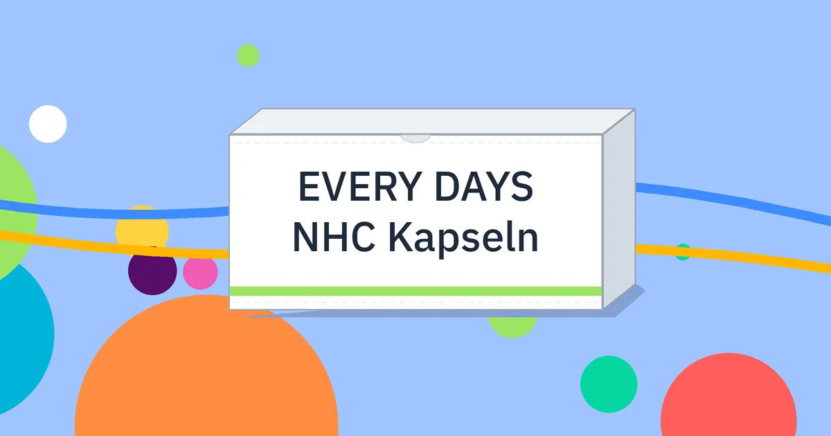 Symbolbild: Packung mit der Aufschrift EVERY DAYS NHC Kapseln (PZN 00765926) – Verfügbarkeit und Bezug in Apotheken in Frankfurt am Main