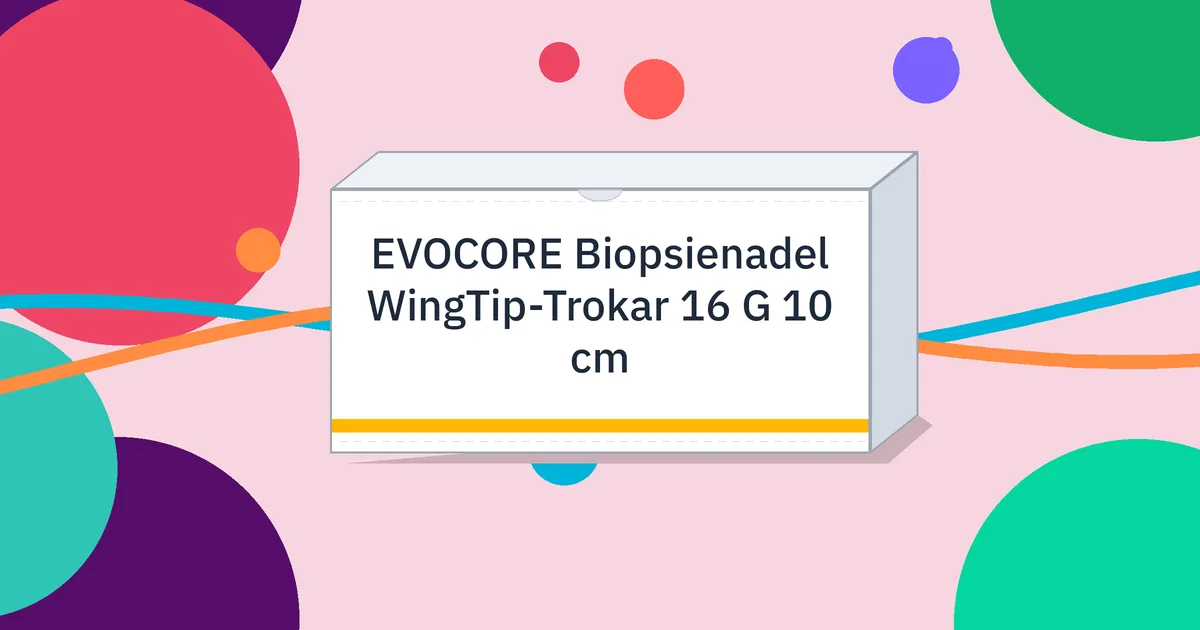 Symbolbild: Packung mit der Aufschrift EVOCORE Biopsienadel WingTip-Trokar 16 G 10 cm (PZN 11655448) – Verfügbarkeit und Bezug in Apotheken in Frankfurt am Main