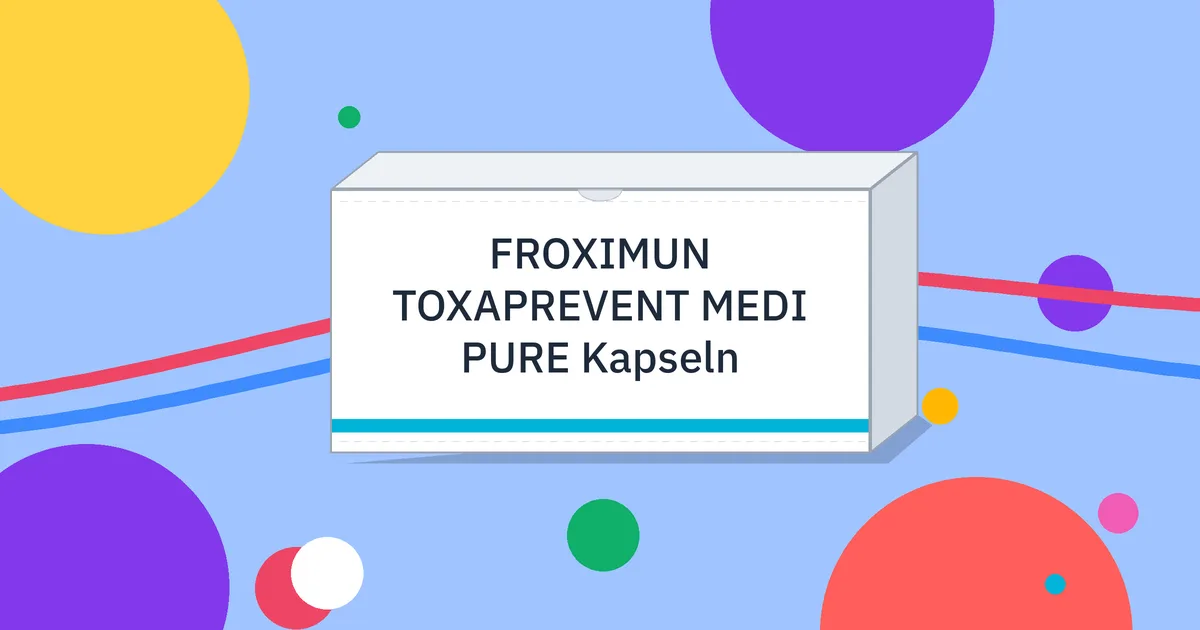Symbolbild: Packung mit der Aufschrift FROXIMUN TOXAPREVENT MEDI PURE Kapseln (PZN 12412593) – Verfügbarkeit und Bezug in Apotheken in Frankfurt am Main