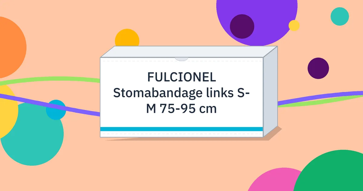 Symbolbild: Packung mit der Aufschrift FULCIONEL Stomabandage links S-M 75-95 cm (PZN 11484840) – Verfügbarkeit und Bezug in Apotheken in Frankfurt am Main