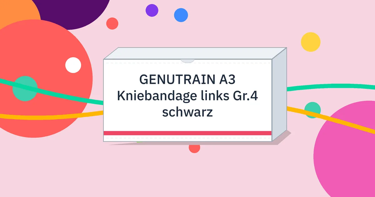 Symbolbild: Packung mit der Aufschrift GENUTRAIN A3 Kniebandage links Gr.4 schwarz (PZN 19100112) – Verfügbarkeit und Bezug in Apotheken in Frankfurt am Main