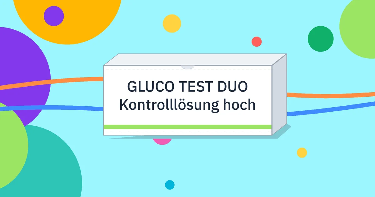 Symbolbild: Packung mit der Aufschrift GLUCO TEST DUO Kontrolllösung hoch (PZN 11563918) – Verfügbarkeit und Bezug in Apotheken in Frankfurt am Main