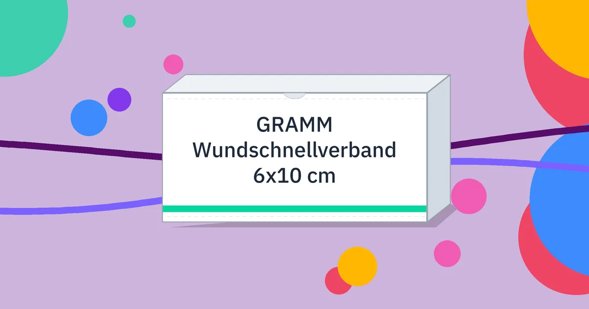 Symbolbild: Packung mit der Aufschrift GRAMM Wundschnellverband 6x10 cm (PZN 07354155) – Verfügbarkeit und Bezug in Apotheken in Frankfurt am Main