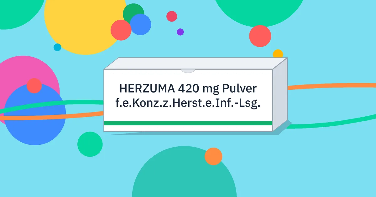Symbolbild: Packung mit der Aufschrift HERZUMA 420 mg Pulver f.e.Konz.z.Herst.e.Inf.-Lsg. (PZN 17386268) – Verfügbarkeit und Bezug in Apotheken in Frankfurt am Main