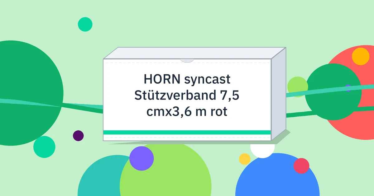 Symbolbild: Packung mit der Aufschrift HORN syncast Stützverband 7,5 cmx3,6 m rot (PZN 04673144) – Verfügbarkeit und Bezug in Apotheken in Frankfurt am Main