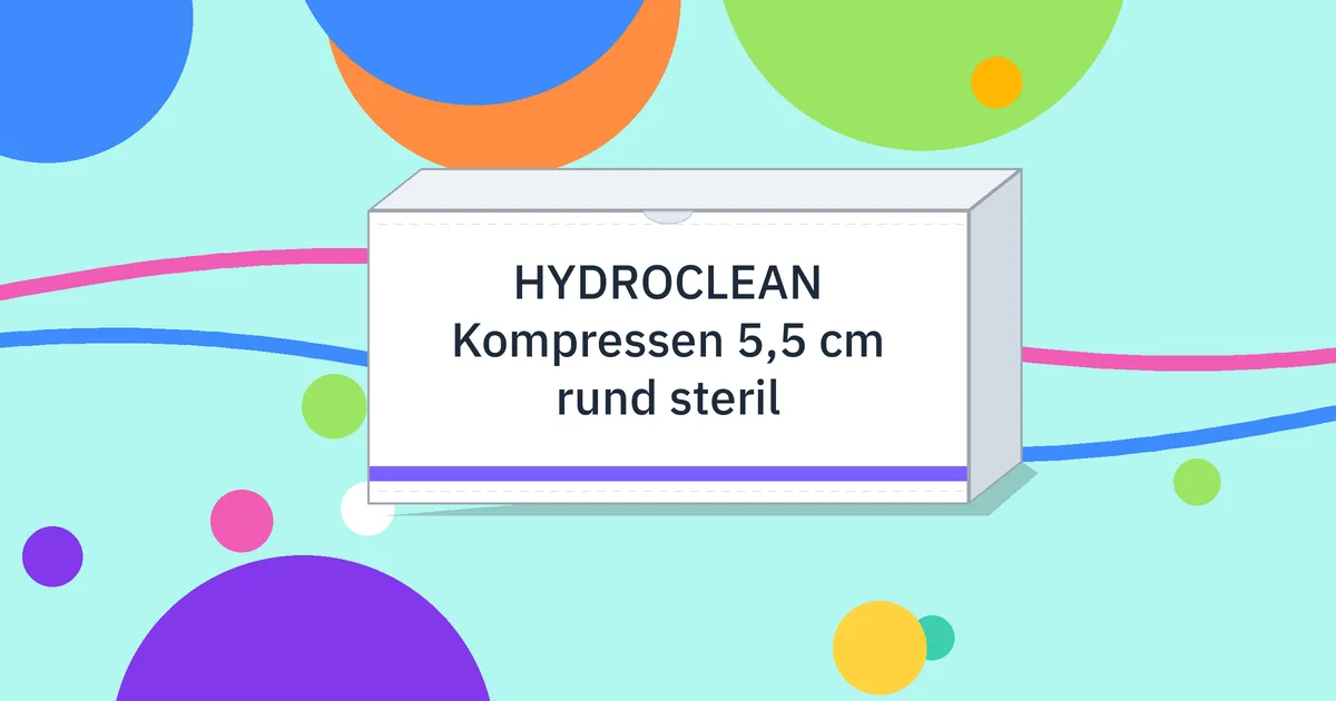 Symbolbild: Packung mit der Aufschrift HYDROCLEAN Kompressen 5,5 cm rund steril (PZN 18124895) – Verfügbarkeit und Bezug in Apotheken in Frankfurt am Main