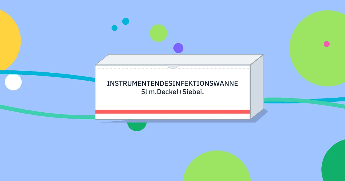 Symbolbild: Packung mit der Aufschrift INSTRUMENTENDESINFEKTIONSWANNE 5l m.Deckel+Siebei. (PZN 09729168) – Verfügbarkeit und Bezug in Apotheken in Frankfurt am Main