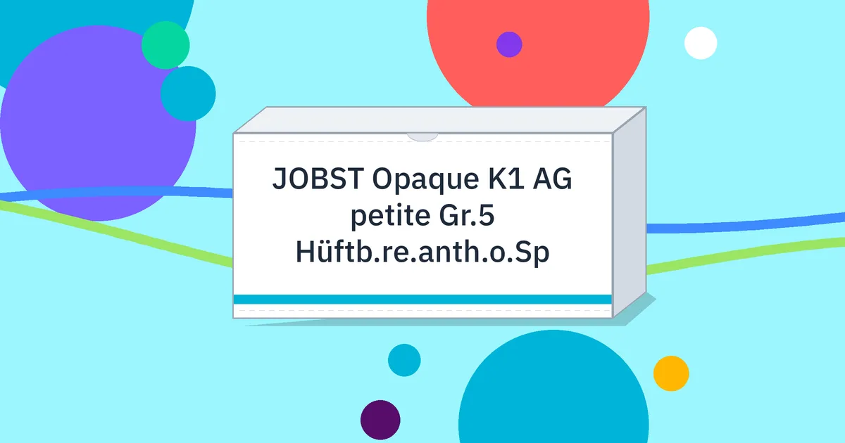 Symbolbild: Packung mit der Aufschrift JOBST Opaque K1 AG petite Gr.5 Hüftb.re.anth.o.Sp (PZN 16272982) – Verfügbarkeit und Bezug in Apotheken in Frankfurt am Main