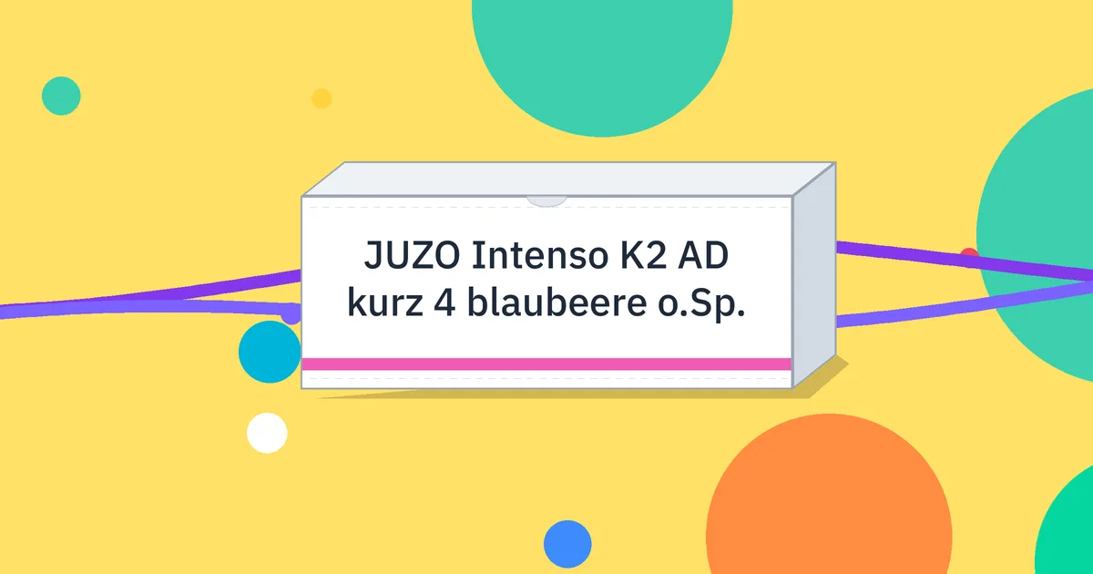 Symbolbild: Packung mit der Aufschrift JUZO Intenso K2 AD kurz 4 blaubeere o.Sp. (PZN 18618108) – Verfügbarkeit und Bezug in Apotheken in Frankfurt am Main