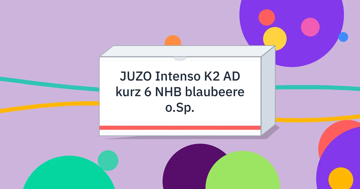 Symbolbild: Packung mit der Aufschrift JUZO Intenso K2 AD kurz 6 NHB blaubeere o.Sp. (PZN 18621636) – Verfügbarkeit und Bezug in Apotheken in Frankfurt am Main