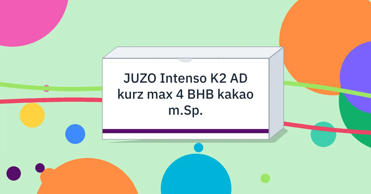 Symbolbild: Packung mit der Aufschrift JUZO Intenso K2 AD kurz max 4 BHB kakao m.Sp. (PZN 18615995) – Verfügbarkeit und Bezug in Apotheken in Frankfurt am Main