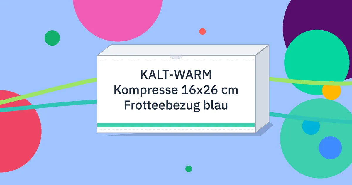 Symbolbild: Packung mit der Aufschrift KALT-WARM Kompresse 16x26 cm Frotteebezug blau (PZN 10076949) – Verfügbarkeit und Bezug in Apotheken in Frankfurt am Main