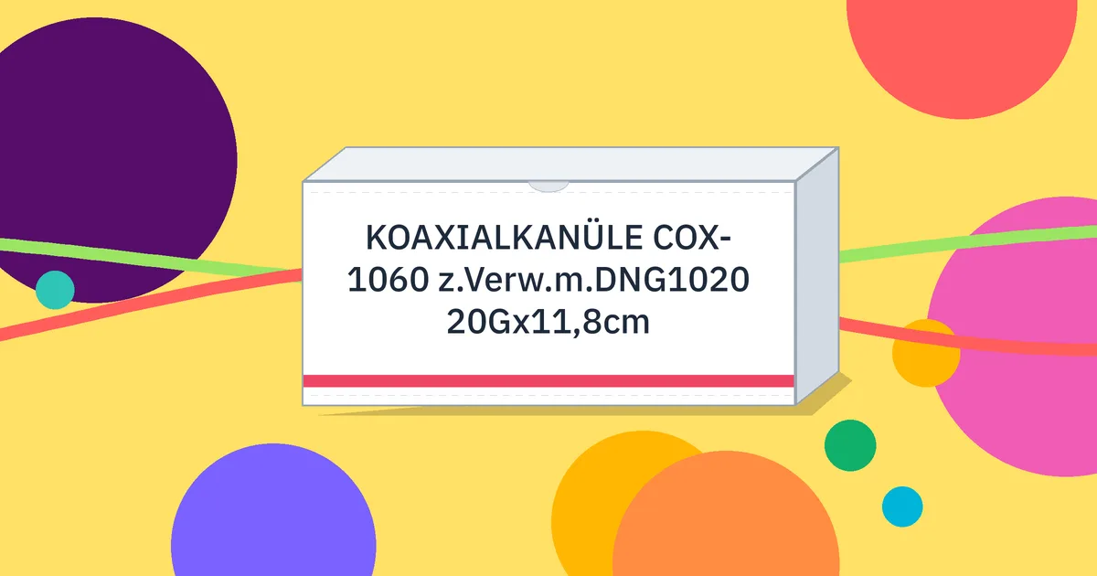 Symbolbild: Packung mit der Aufschrift KOAXIALKANÜLE COX-1060 z.Verw.m.DNG1020 20Gx11,8cm (PZN 00284380) – Verfügbarkeit und Bezug in Apotheken in Frankfurt am Main